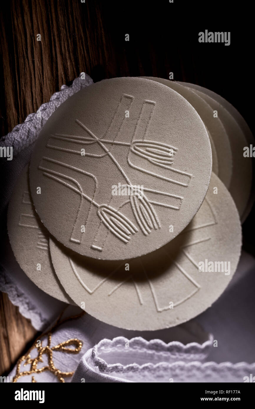 Detail of the Sacramental bread or Hosties made of wheat flour ...