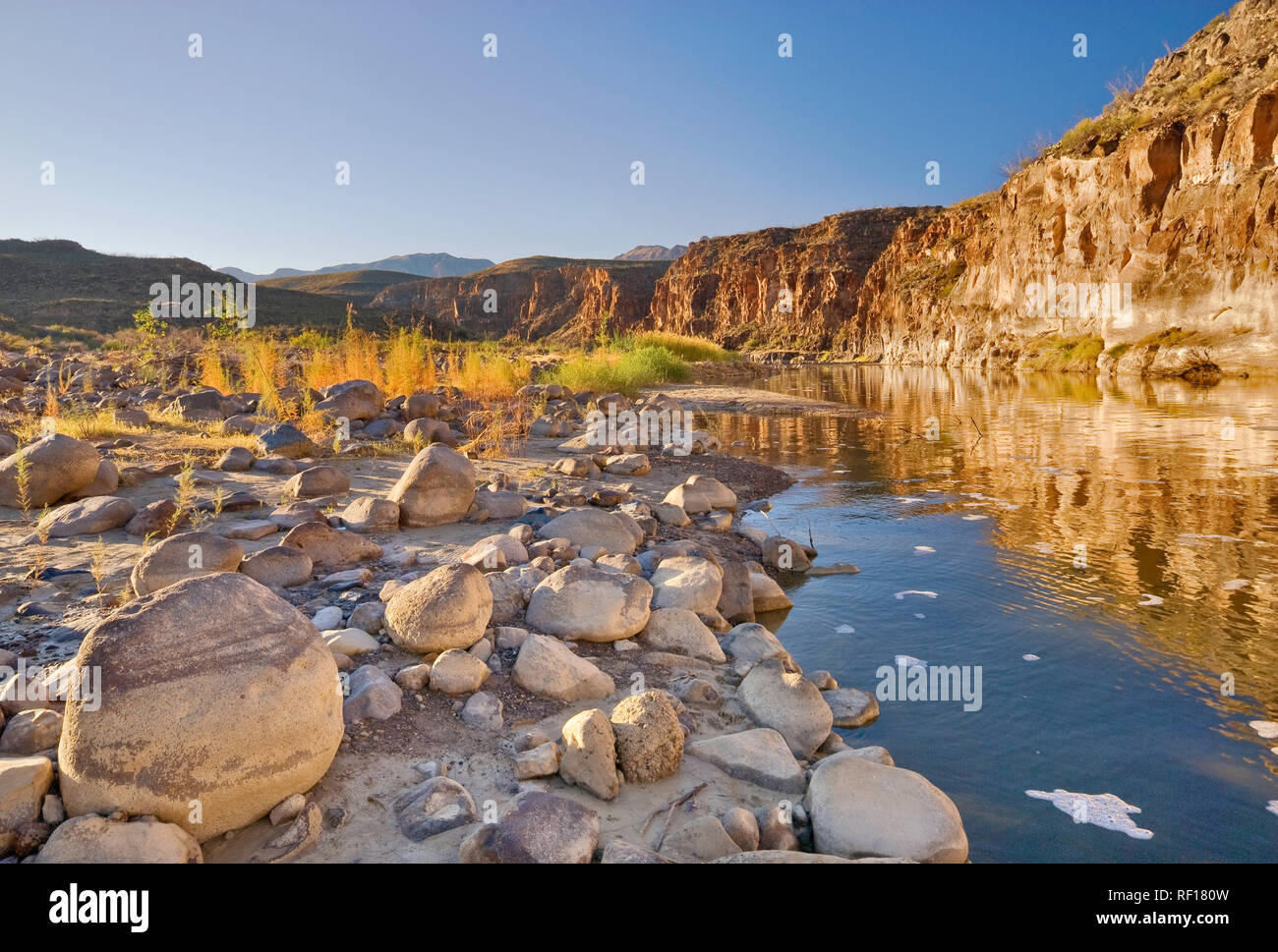 Rocky bank of Rio Grande in Colorado Canyon on The River Road ...