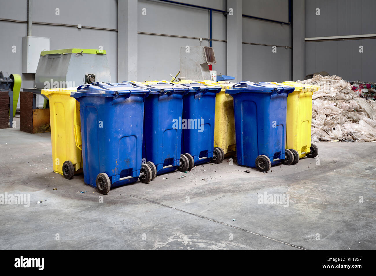 Modern waste processing and sorting plant. Containers with shredded ...