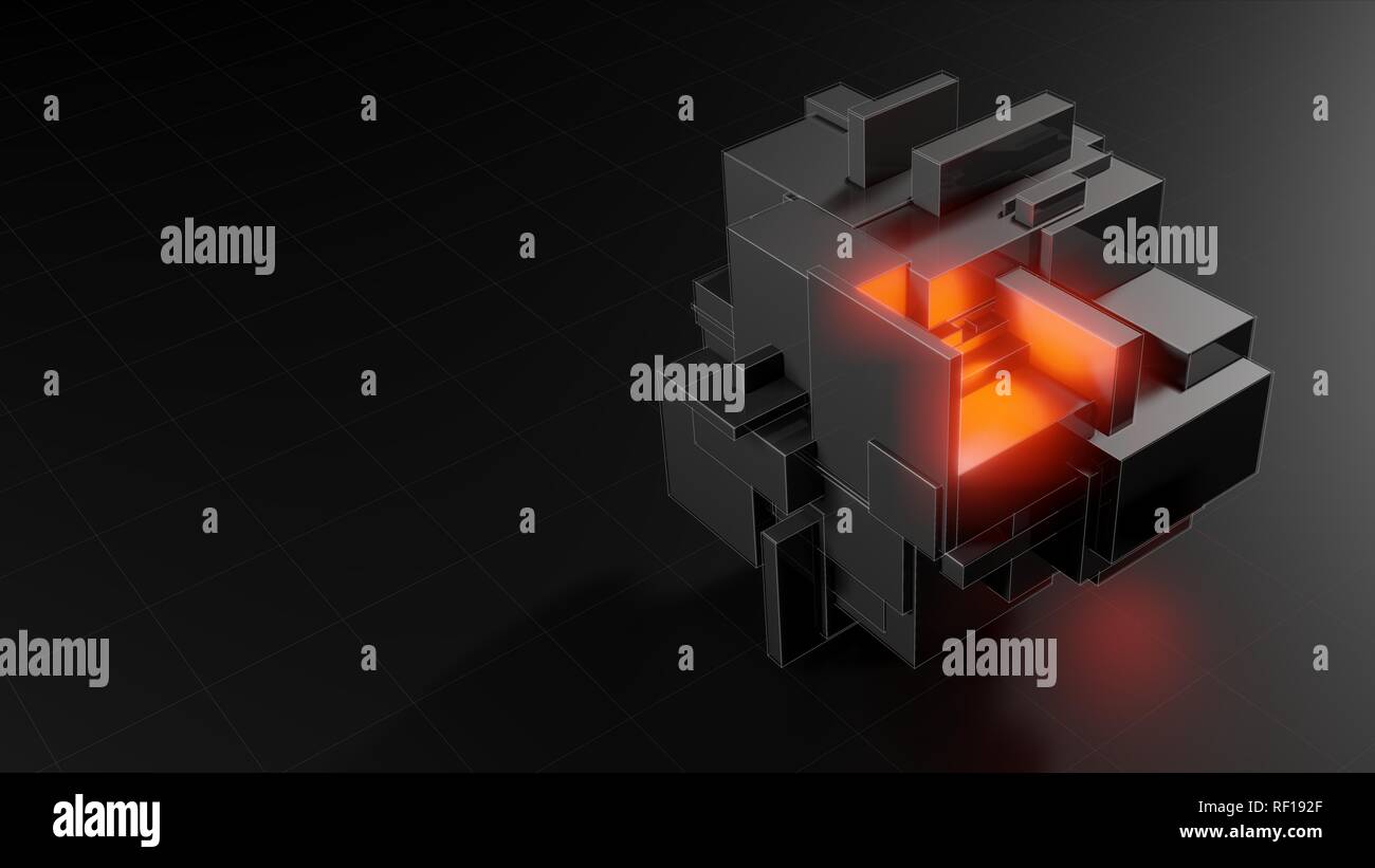 Abstract 3d object consisting of cubes. Red glow inside the object ...