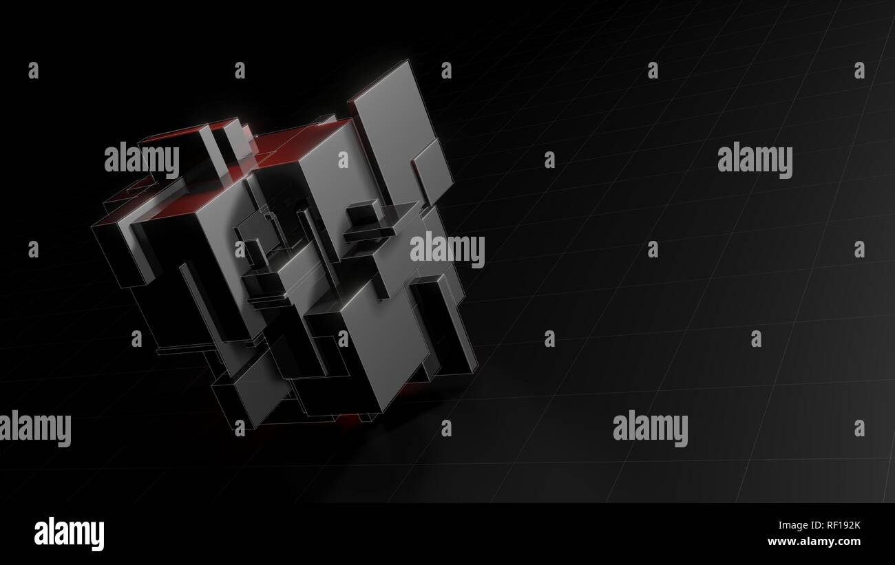 Abstract 3d object consisting of cubes. Red glow inside the object ...