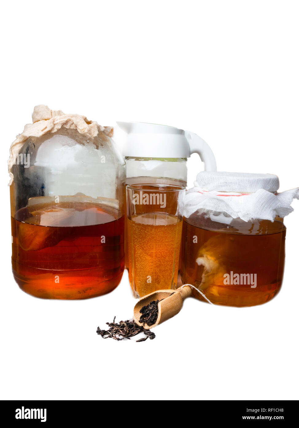fermented drink, tea healthy natural probiotic in a glass jar isolated ...
