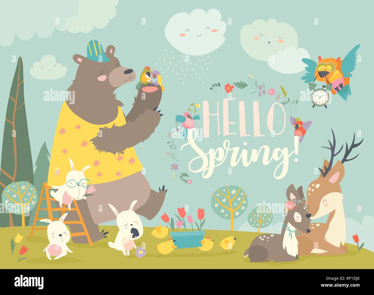 Cute animals meeting spring in the forest Stock Vector Image & Art - Alamy