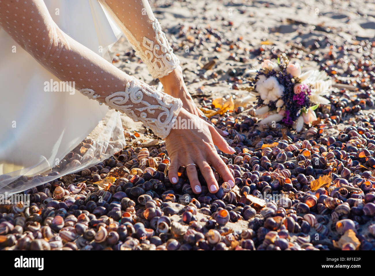 Close up hands of a bride playing with snail shells on the beach Stock ...