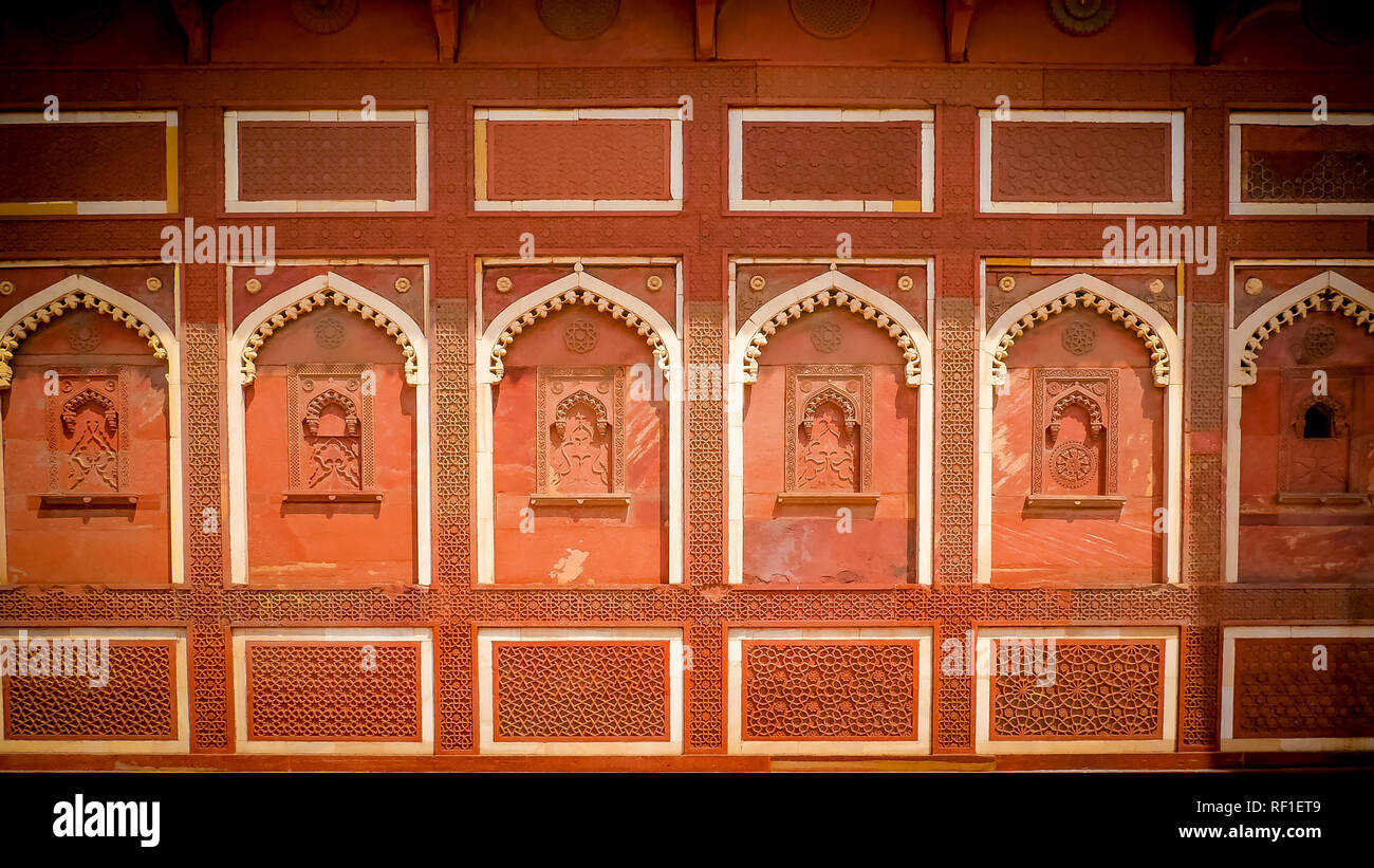 Red sandstone with marble patterns facade exterior details of Jahangir ...