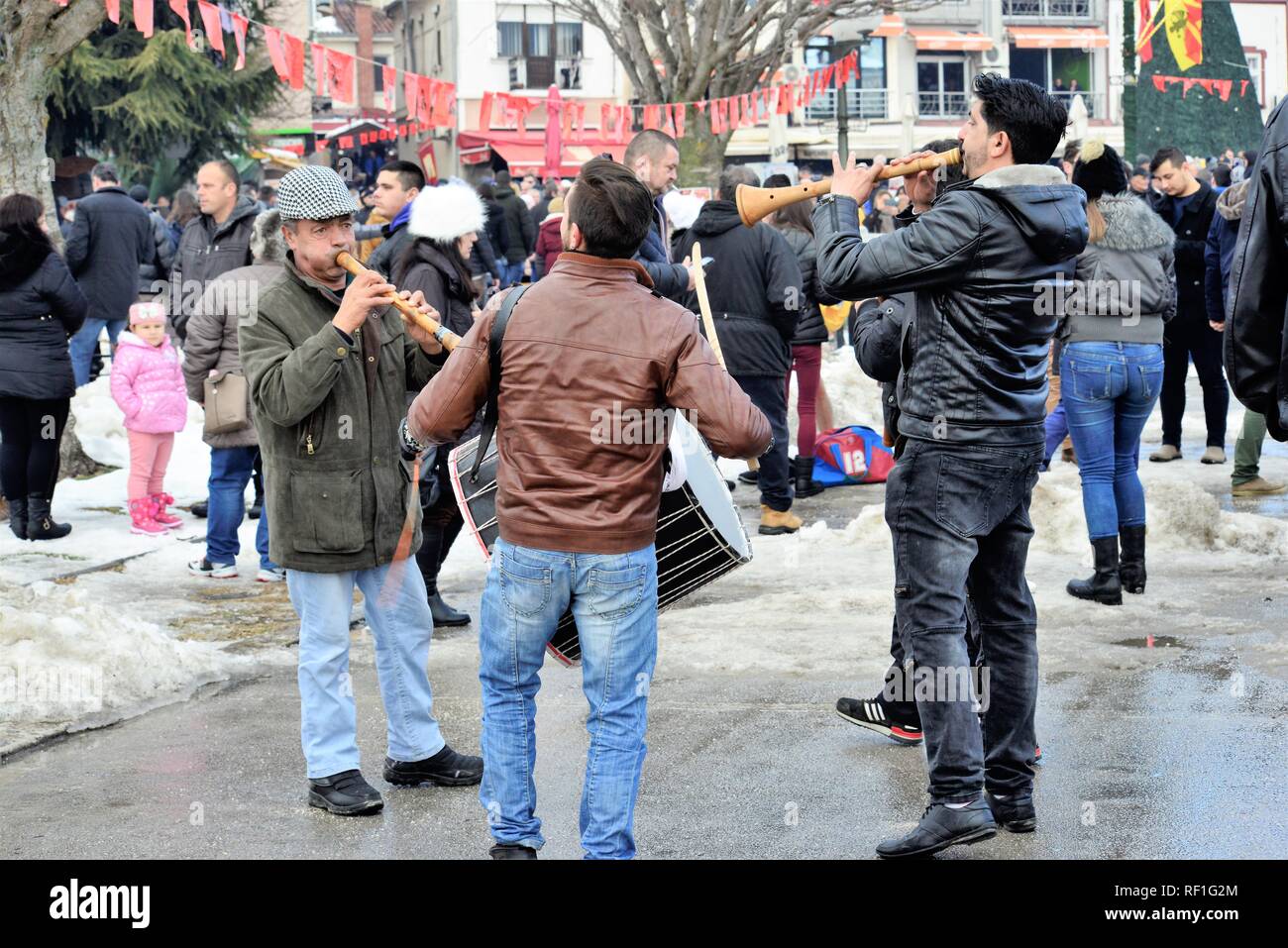 OHRID, MACEDONIA - JANUARY 19, 2019: Musicians playing zurna instrument ...