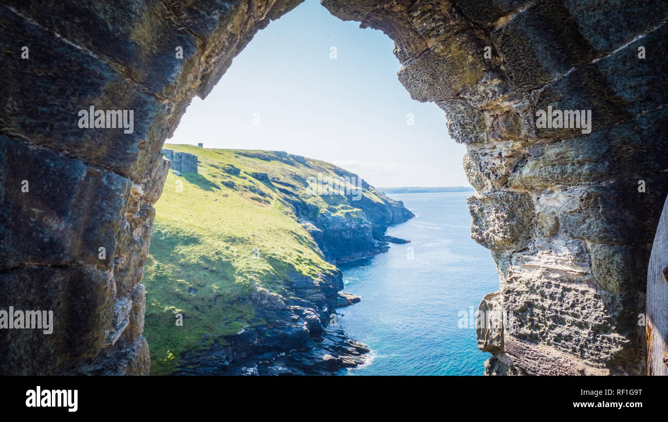Ruins of a door of Tintagel castle of legendary King Arthur in Cornwall ...