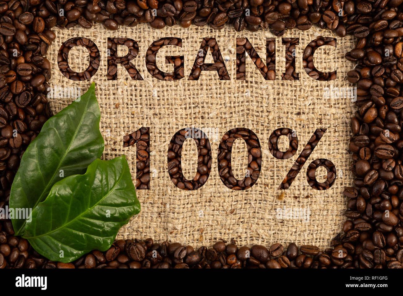 Hundred percent organic coffee advertisement on burlap textured ...