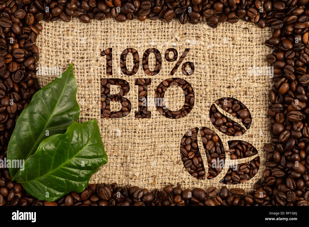 Bio coffee concept on brown background with three beans drawing and ...