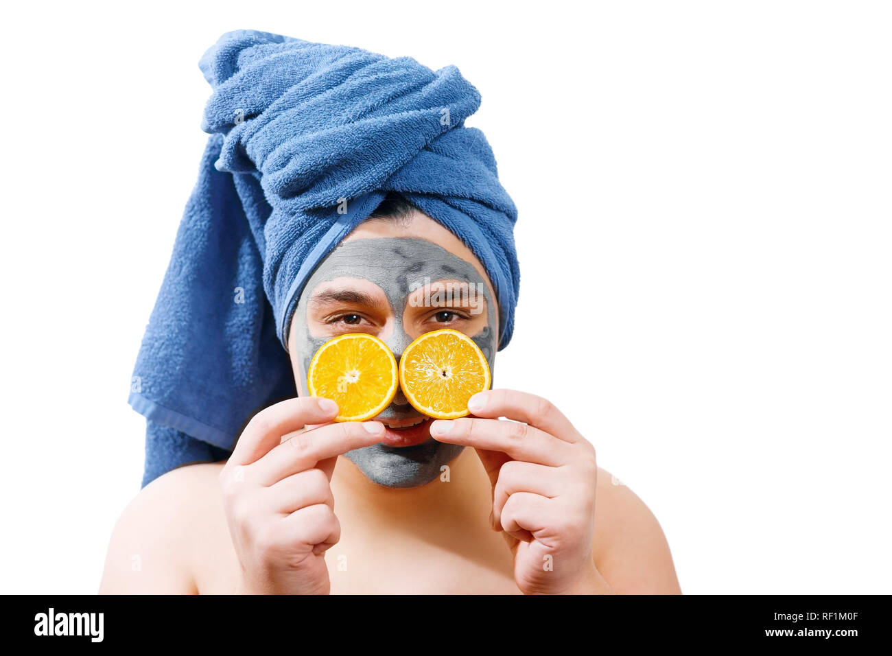 funny young man in mask for skin like woman with orange gender equality ...