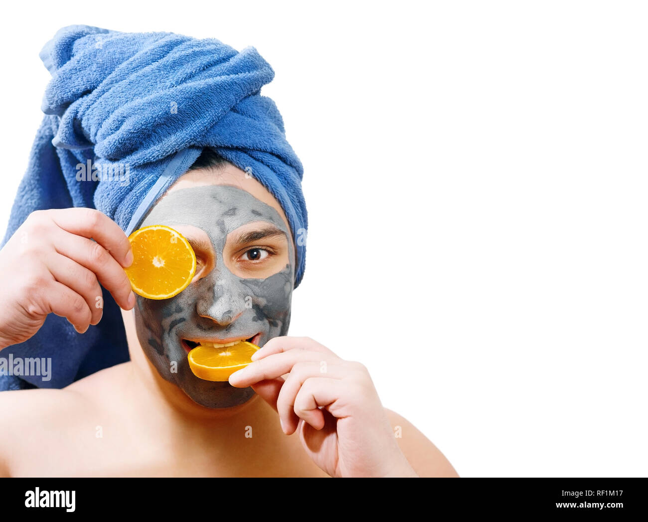 funny young man in mask for skin like woman with orange gender equality ...