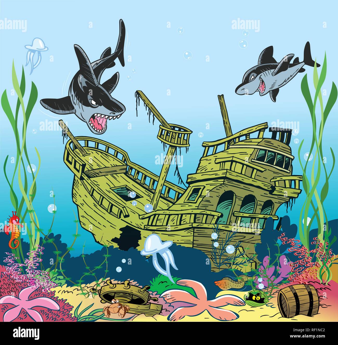 The illustration shows the skeleton of a sunken ancient ship. Ship lies ...