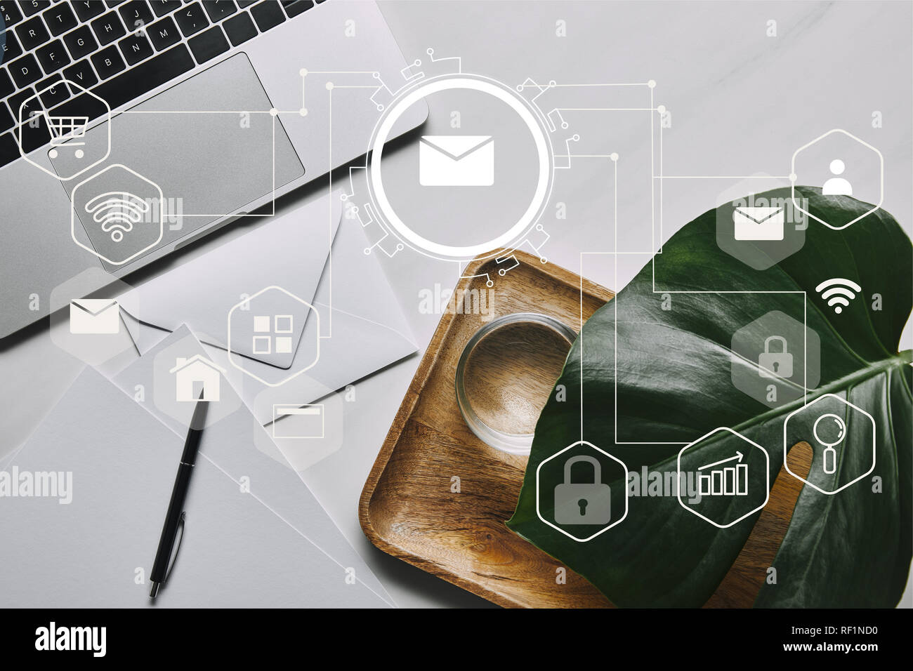 Flat lay with envelope and laptop on white marble background with email ...