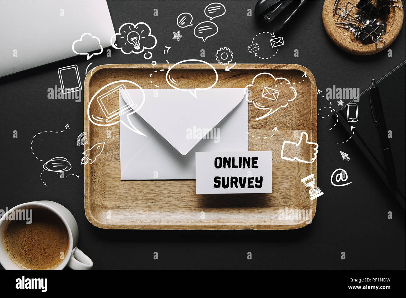 flat lay with Wooden tray with envelope and business card with "online ...