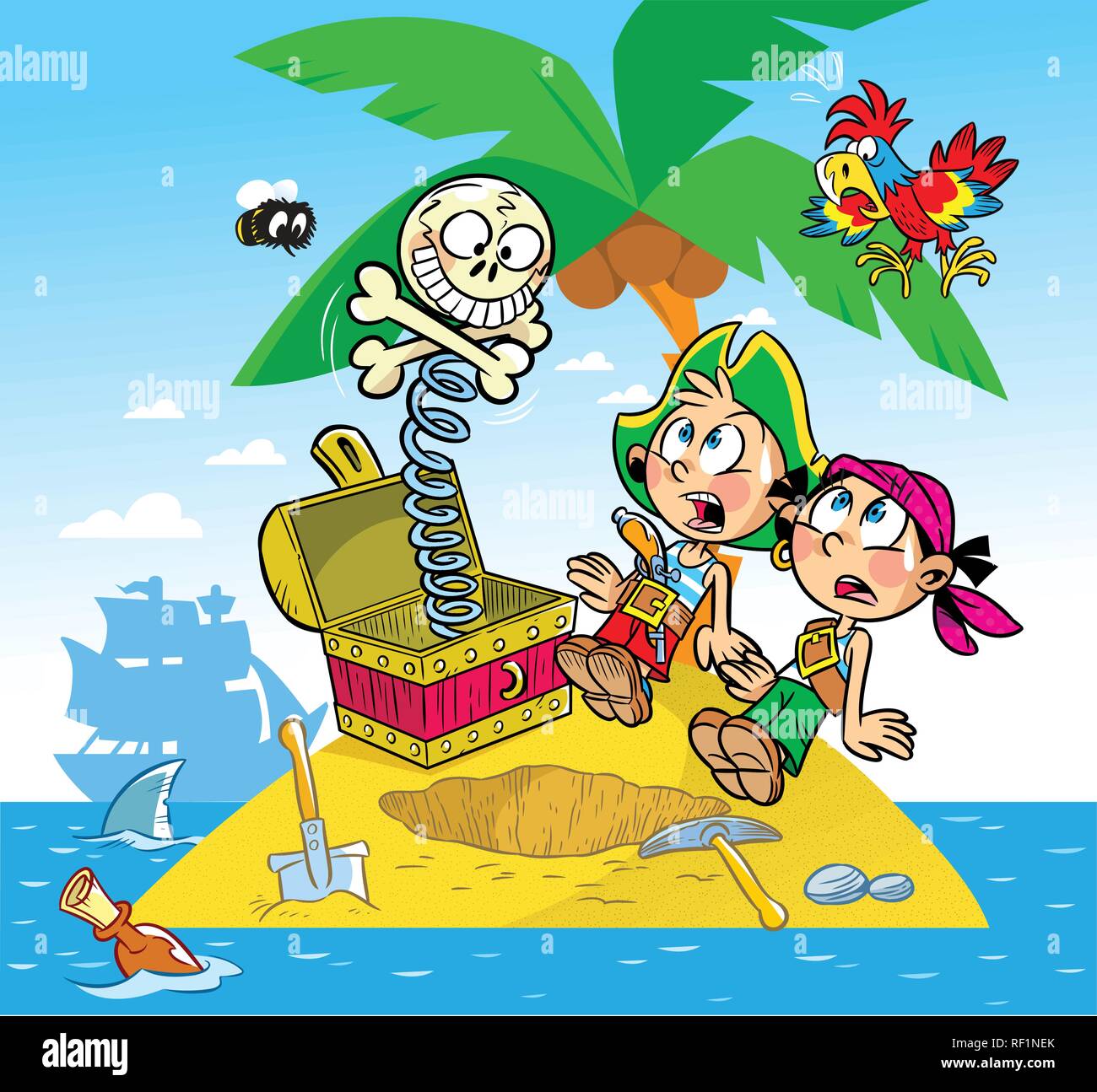 The illustration shows the fun of children. They play pirates.They ...