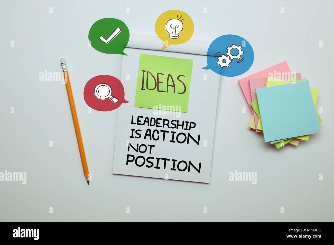 elevated view of paper sticker with word ideas in notebook with ...