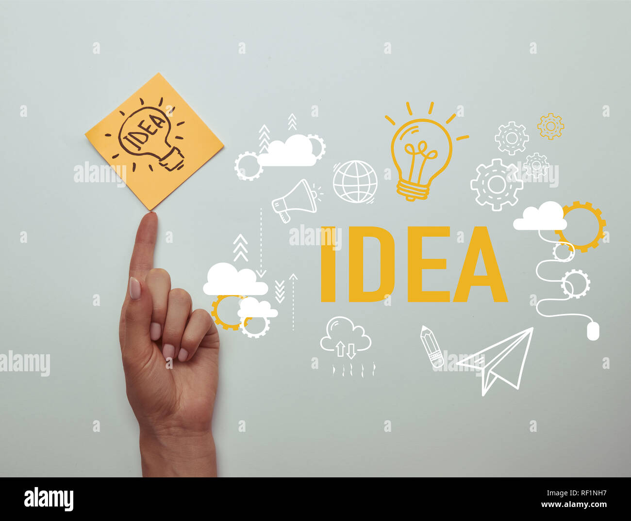 cropped image of girl pointing on note paper with word idea in ...