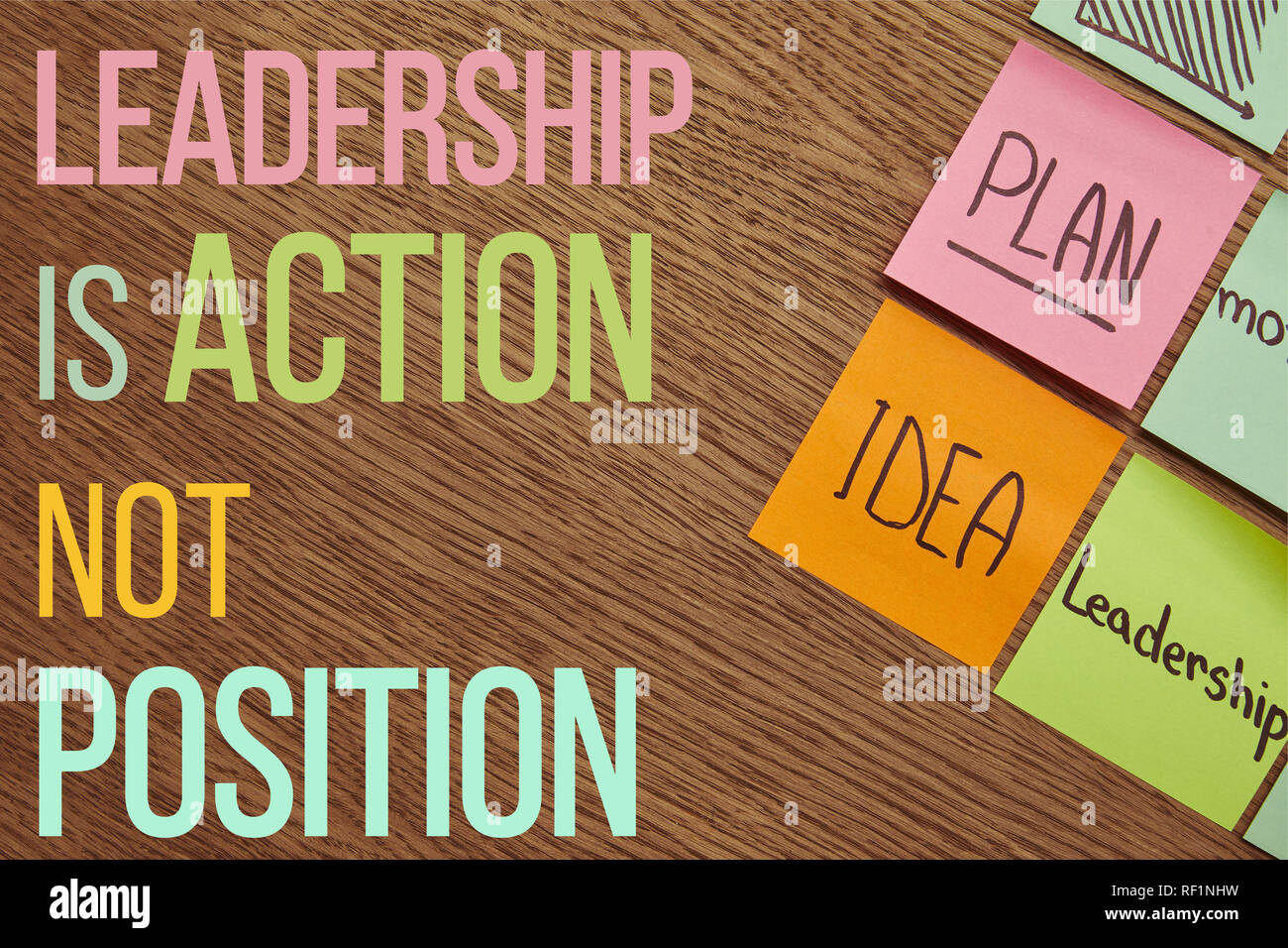 top view of paper stickers with words plan, idea and leadership on ...