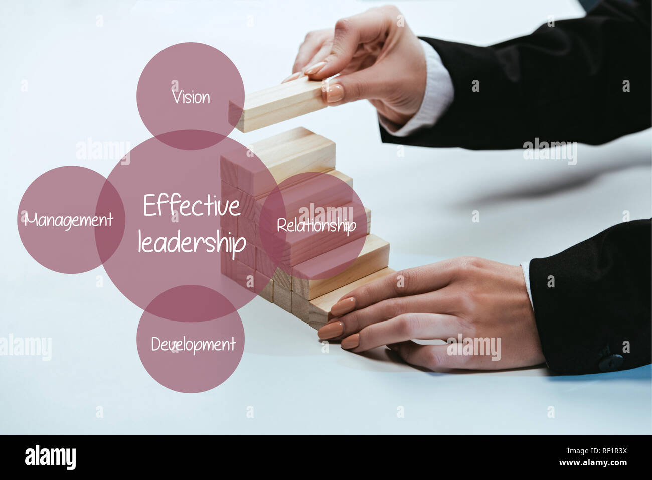 cropped view of man building career ladder with wooden blocks ...