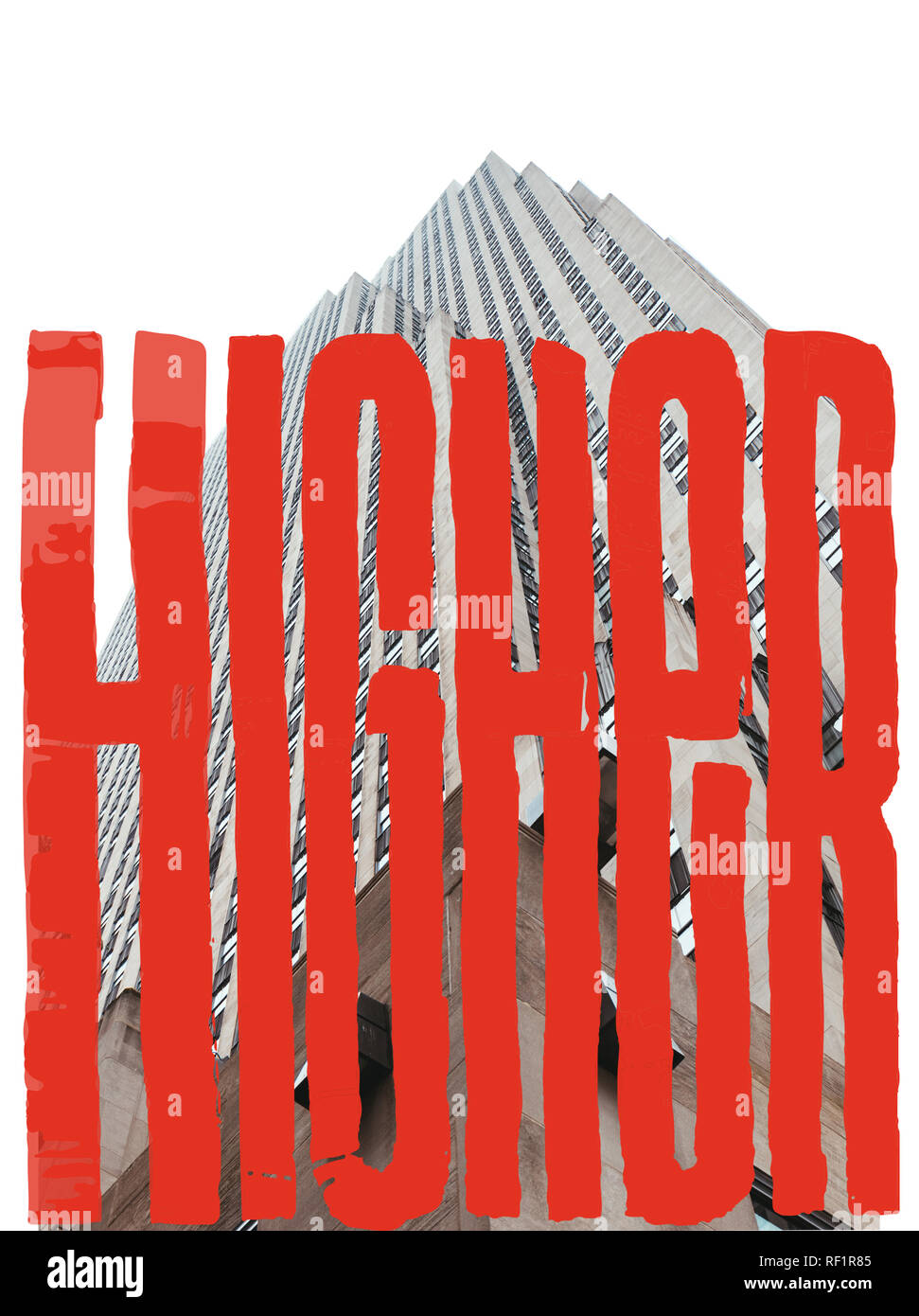 bottom view of skyscraper and clear sky with "higher" lettering, new ...