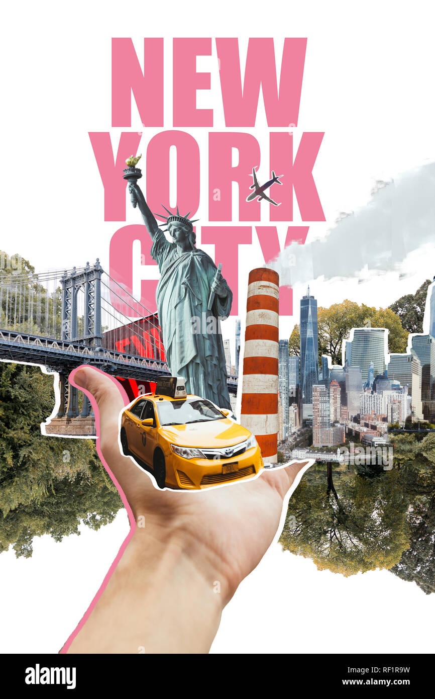 partial view of male hand with new york city, yellow taxi, statue of ...