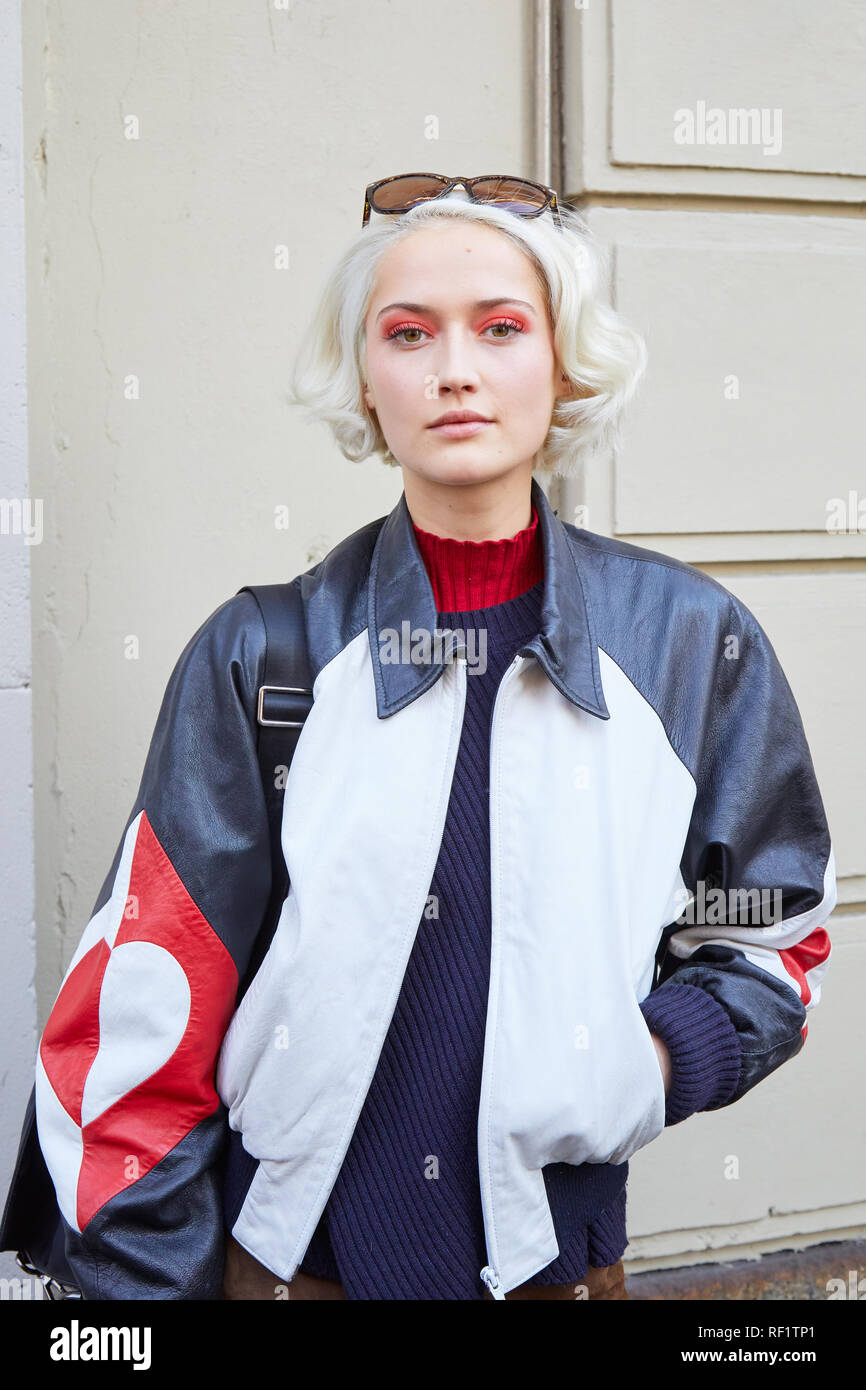 MILAN, ITALY - JANUARY 13, 2019: Top model with pink make up before ...