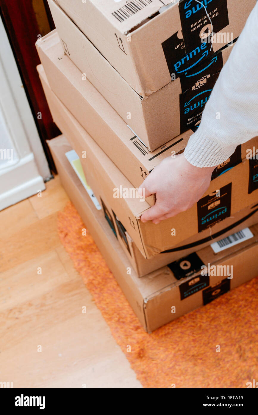 PARIS, FRANCE - JAN 13, 2018: Overhead shot of stack Amazon Prime ...