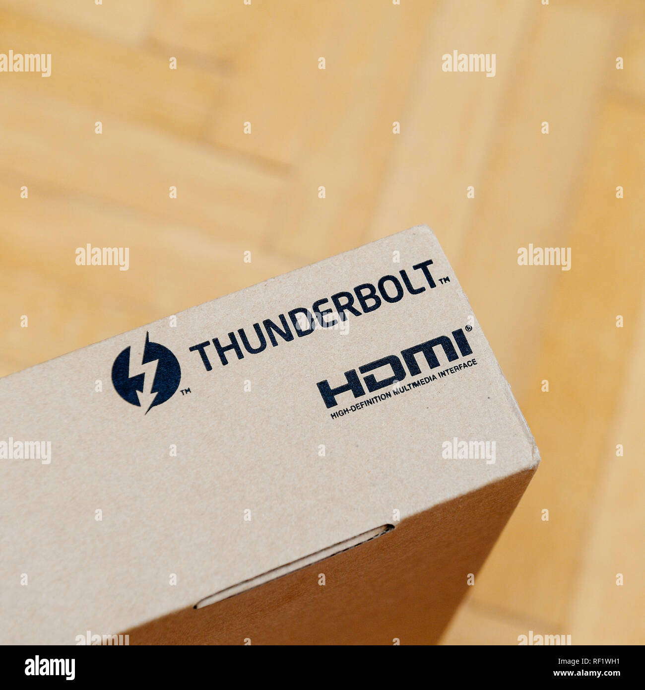 PARIS, FRANCE - JAN 10, 2018: New laptop computer cardboard box on ...