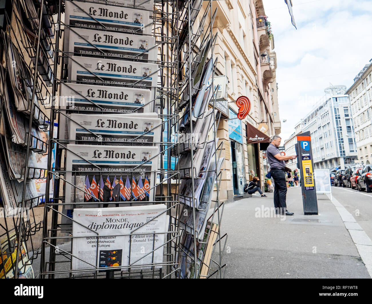 PARIS, FRANCE - JUNE 13, 2018: Stand with Le Monde newspaper at press ...