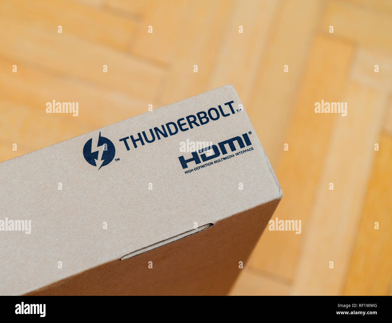 PARIS, FRANCE - JAN 10, 2018: View from above of new laptop computer ...