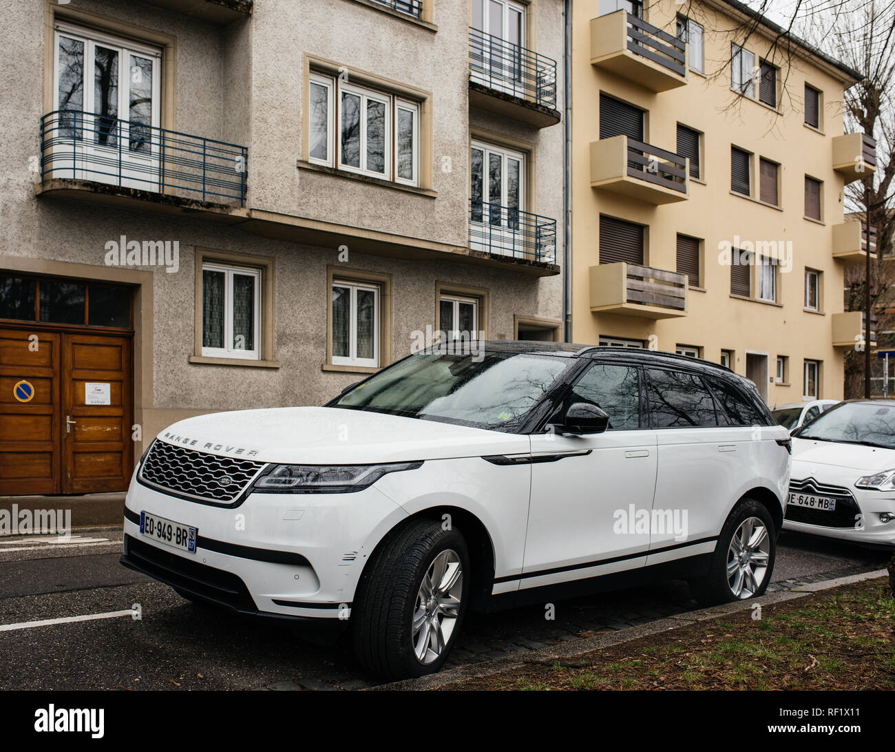 STRASBOURG, FRANCE - 13 MAR, 2018: Luxury white Range Rover Land Rover ...
