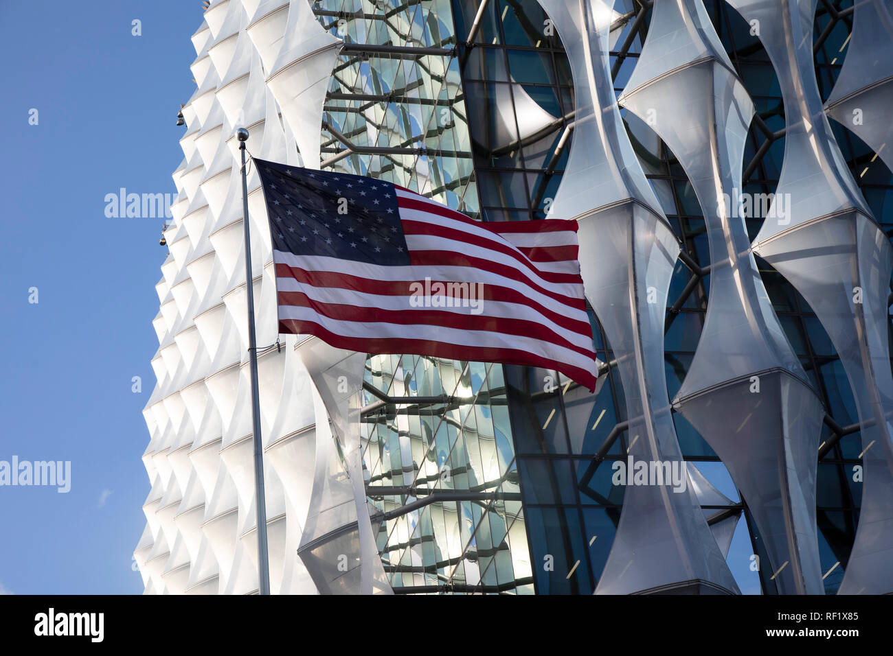 Exterior of the new US Embassy building with the Stars and Stripes flag ...