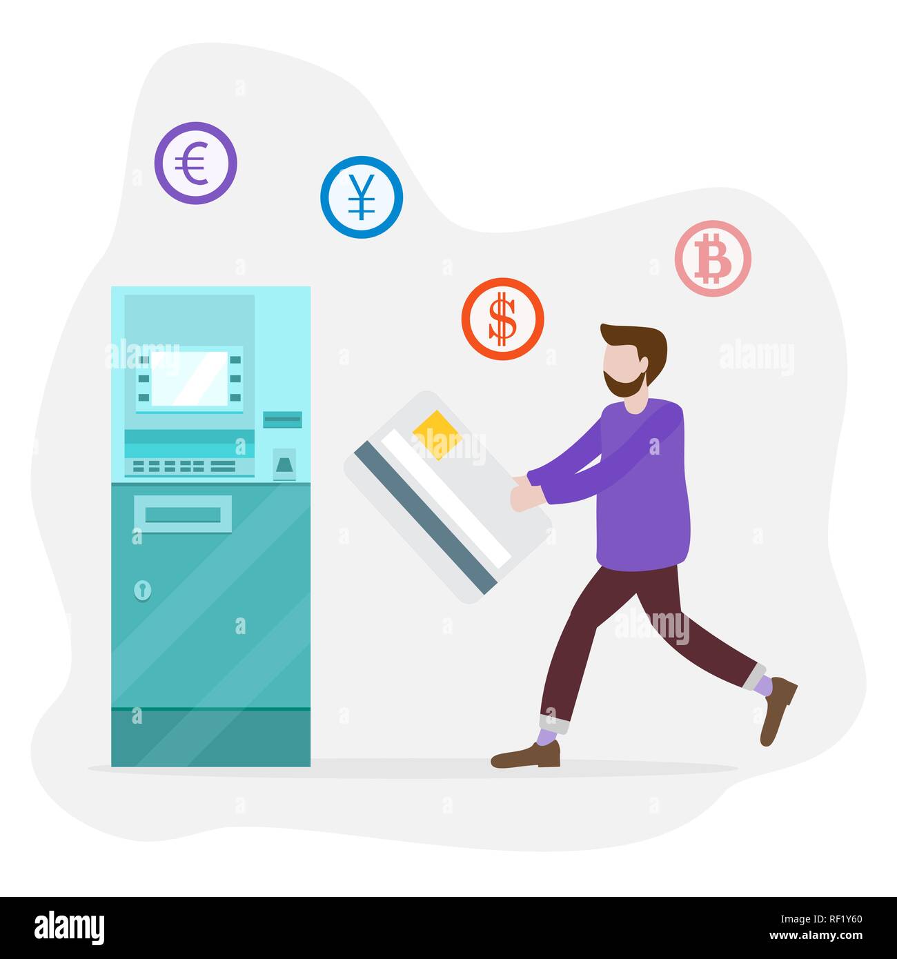 Vector illustration with man goes to ATM with a bank card. Personal ...