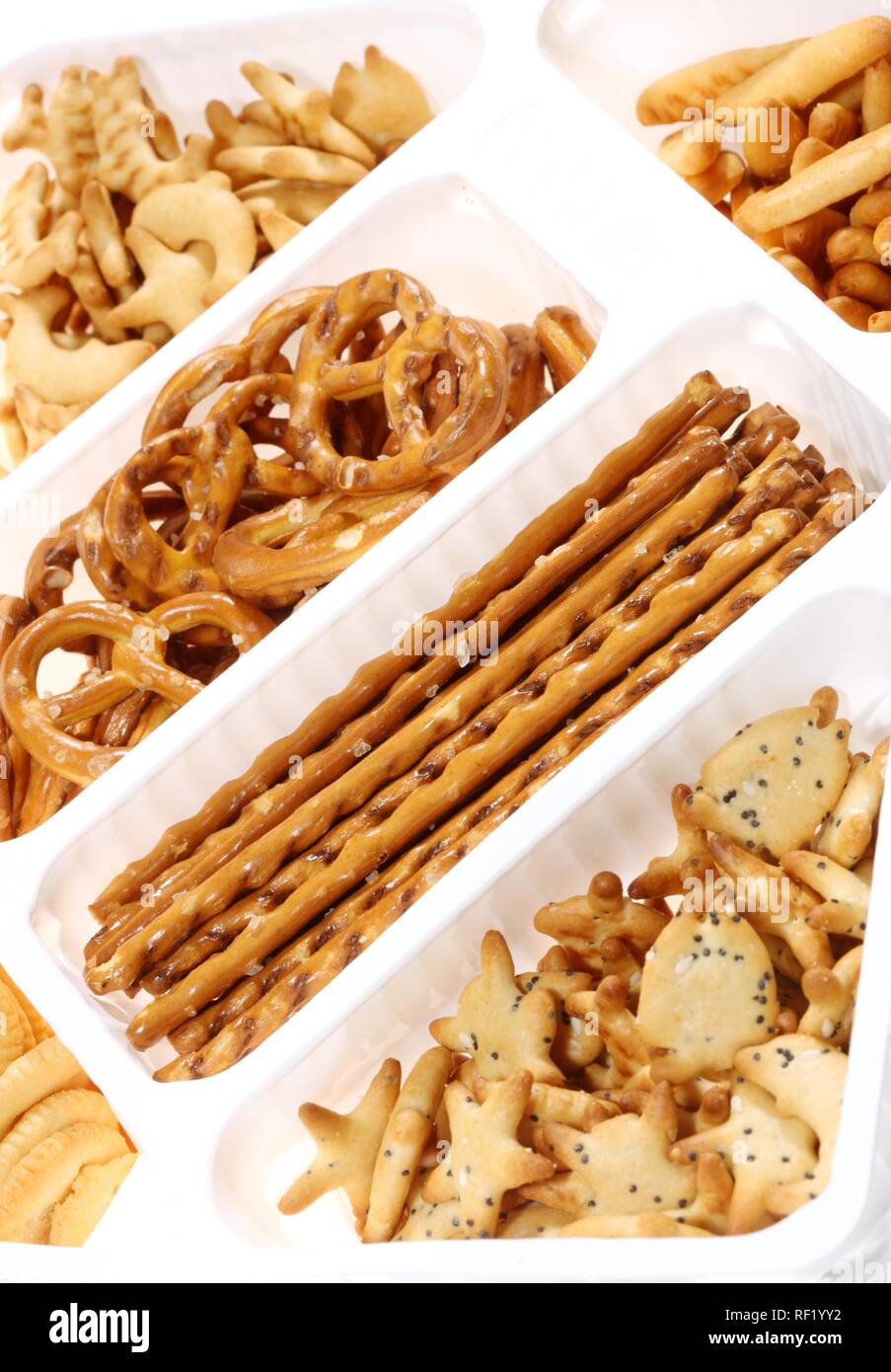 Salty snacks, assorted crackers and pretzels Stock Photo - Alamy