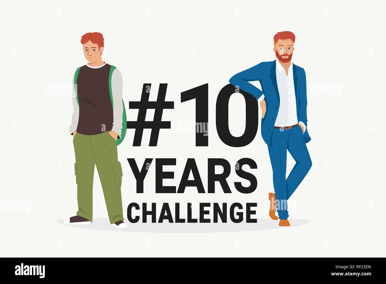 Hashtag 10 years challenge concept flat vector illustration of young ...
