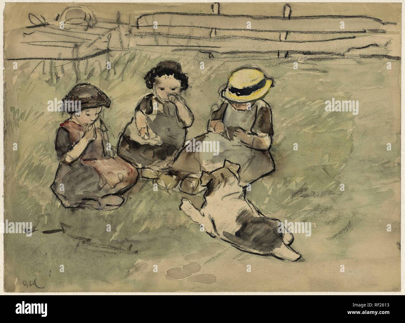 Three girls with a dog sitting in a pasture. Draughtsman: Adolf le ...