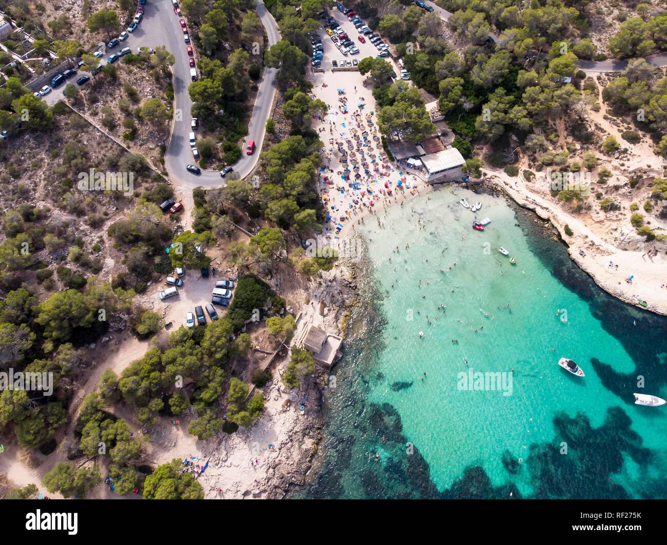 Drone shot, view over the Five Finger Bay of Portals Vells, Majorca ...