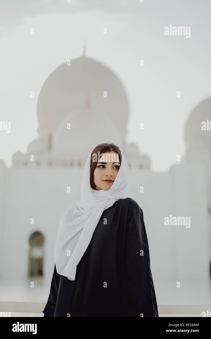 Woman at famous Sheikh Zayed Grand Mosque in Abu Dhabi, United Arab ...