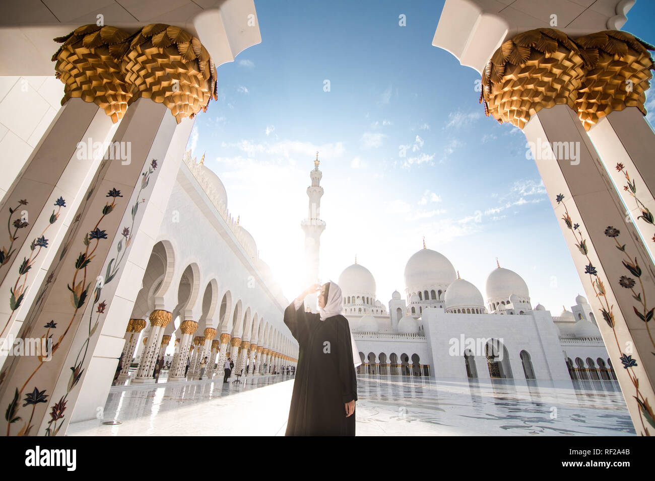 Traditionally dressed arabic woman wearing black burka wisiting Sheikh ...