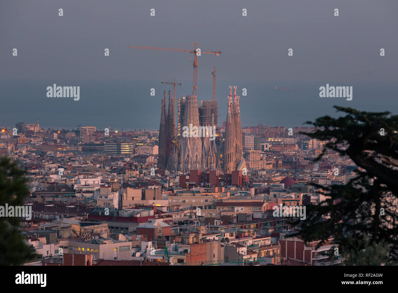 "Sagrada Familia" temple dominating the skyline of Barcelona, Catalonia ...