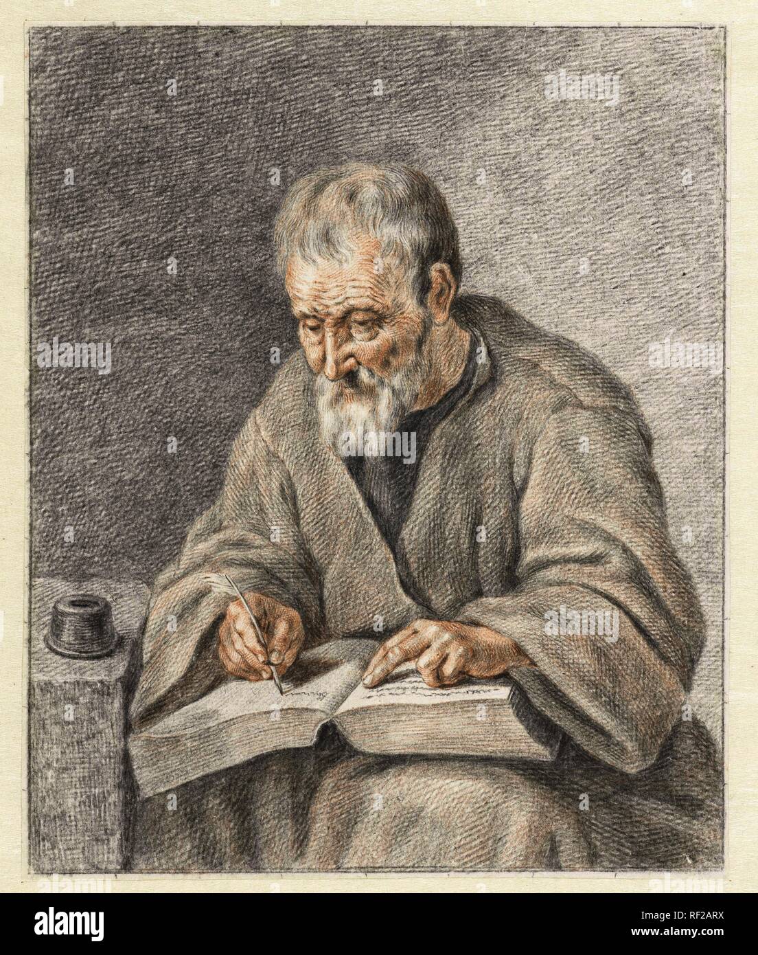 Old man, writing in book. Draughtsman: Abraham Delfos. Dating: 1777 ...