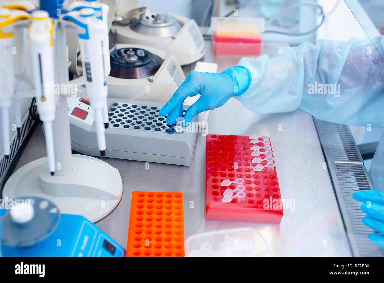 Dna test in the lab. a laboratory technician with a dispenser in his ...