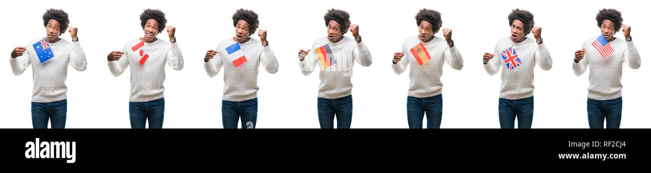 Collage of african american young man holding flags of countries over ...