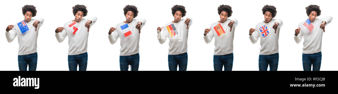 Collage of african american young man holding flags of countries over ...