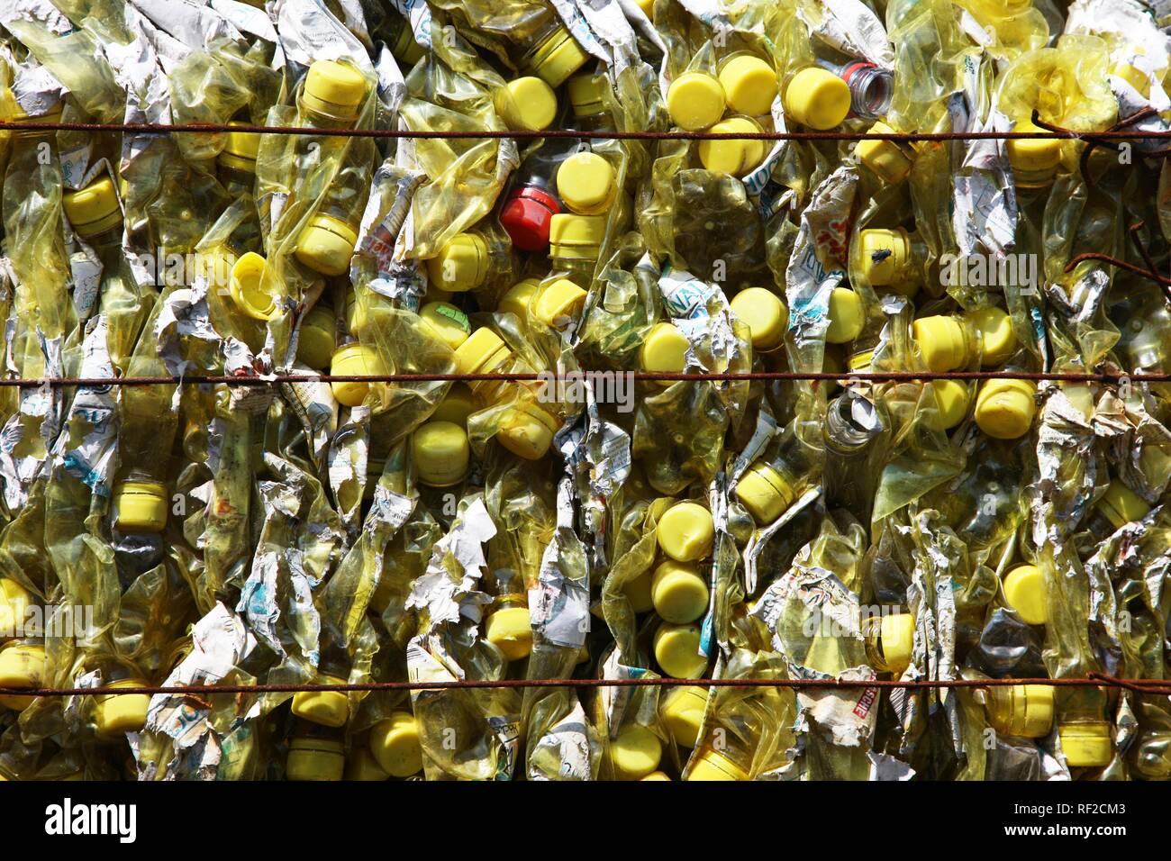 Plastic recycling, PET bottles and plastic rubbish are shredded and ...