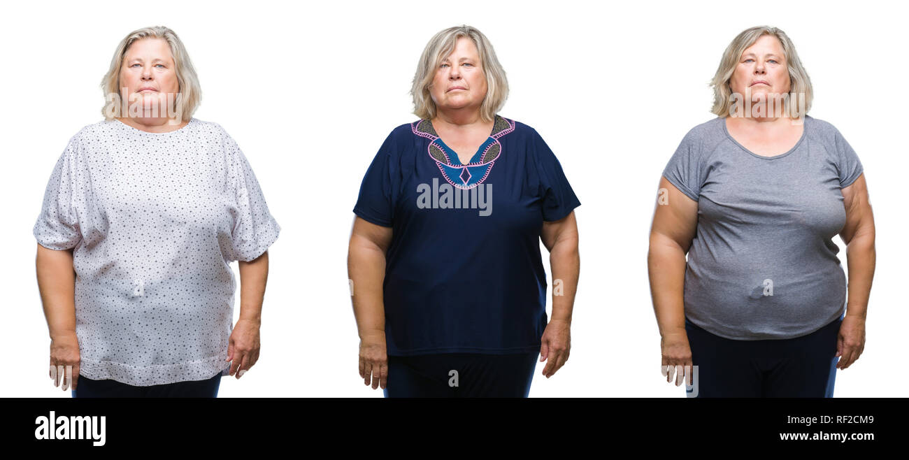 Collage of senior fat woman over isolated background with serious ...