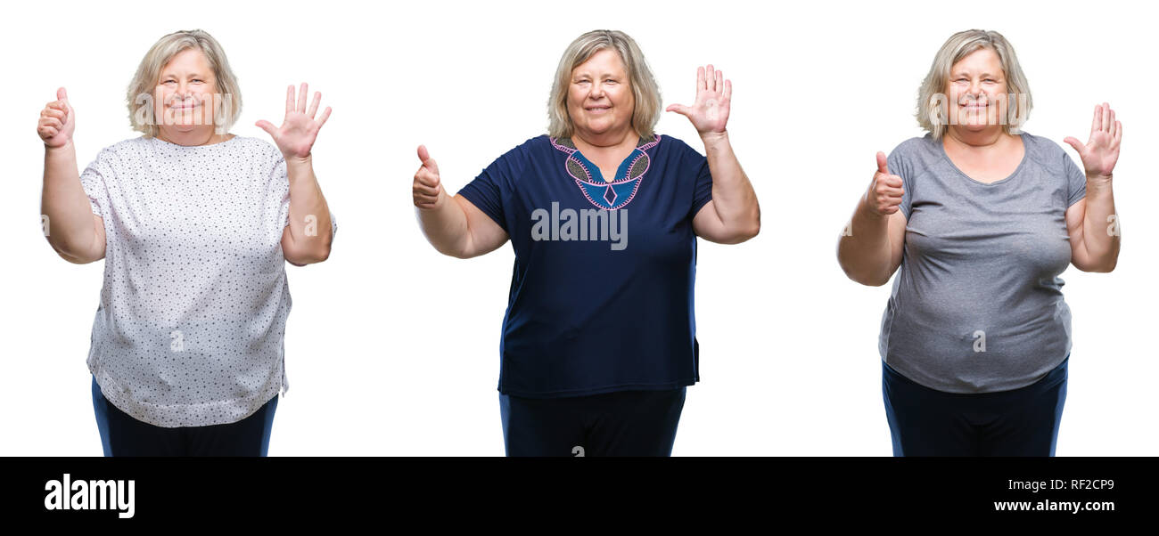 Collage of senior fat woman over isolated background showing and ...
