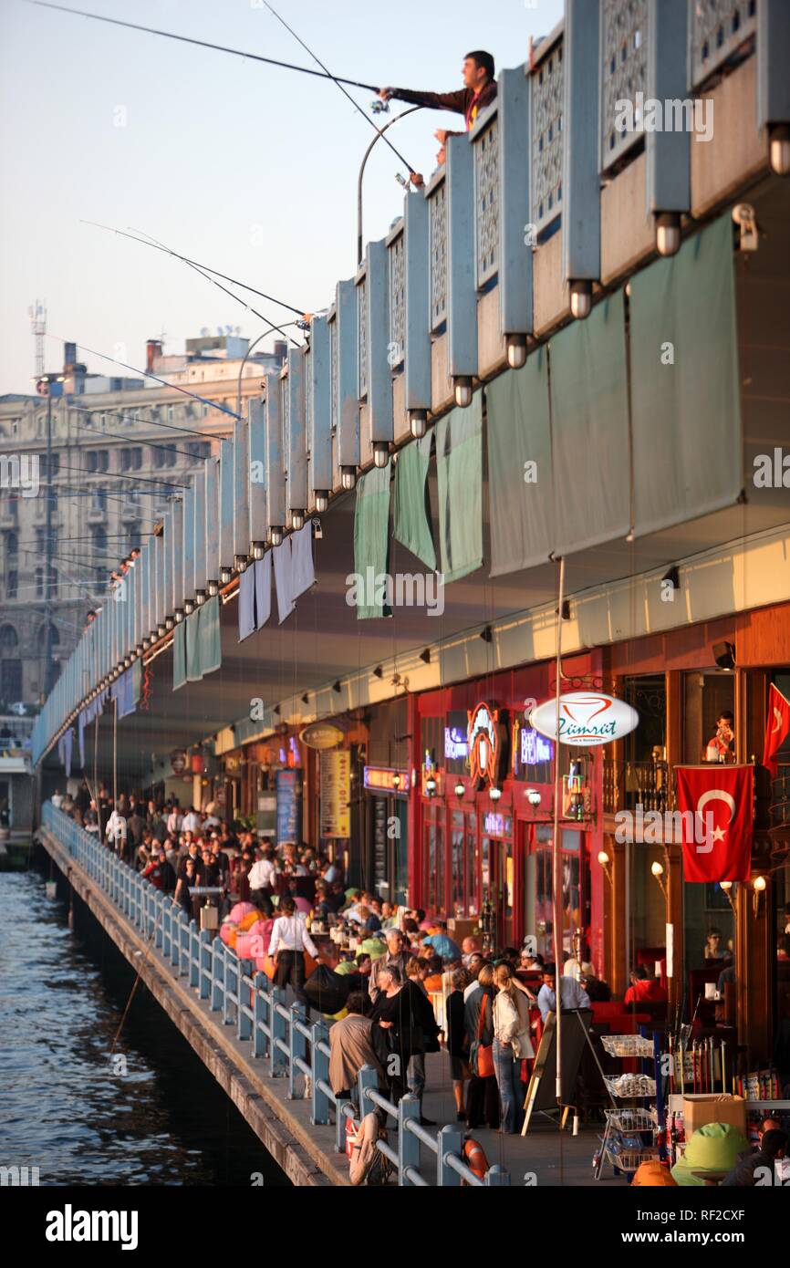 Cafes on the Galata Bridge spanning the Golden Horn, a two-storey ...