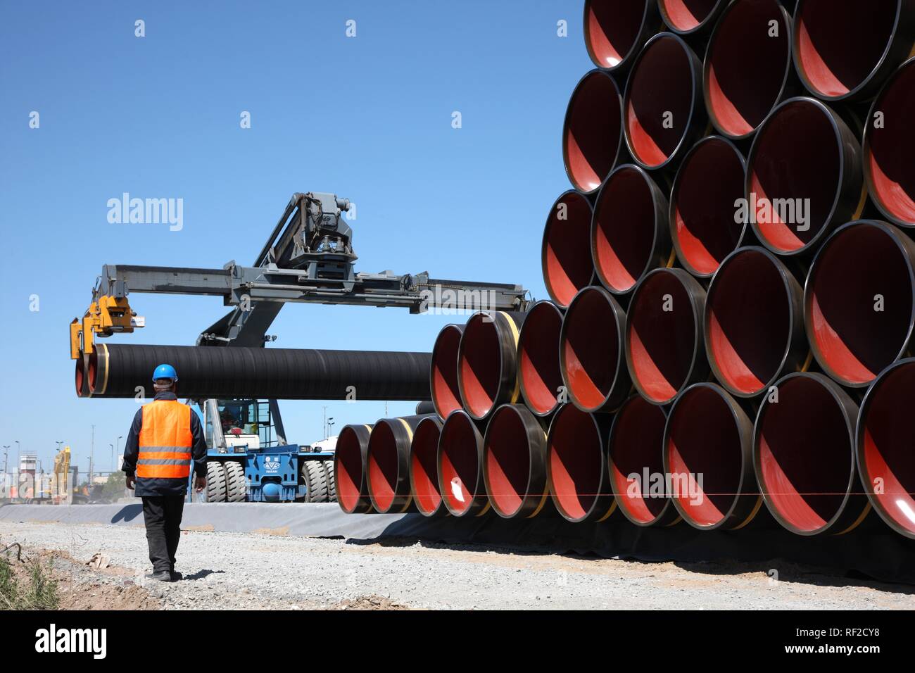 Delivery of steel pipes at the temporary storage facility for the ...