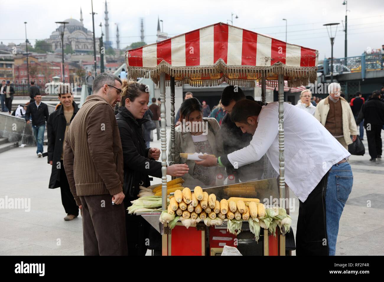 Snack stall selling steamed corn on the cob, Galata Bridge, Istanbul ...